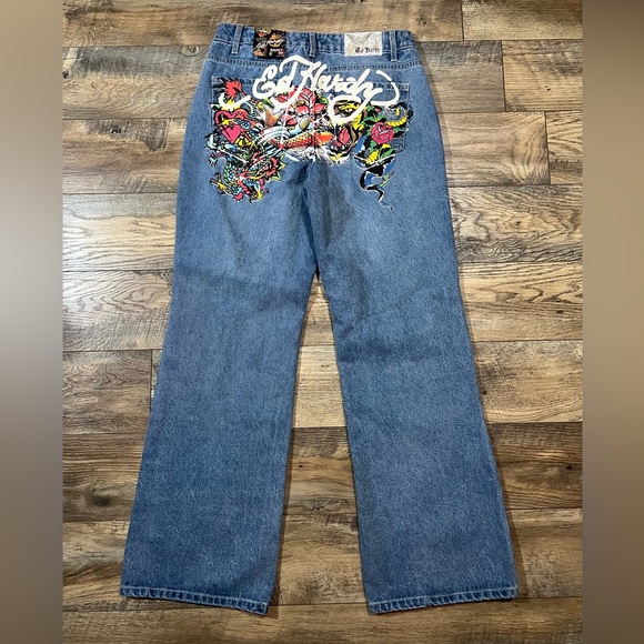 Ed Hardy | Jeans | Ed Hardy Sz 3 Painted Tattoo Blue Baggy Jeans ...